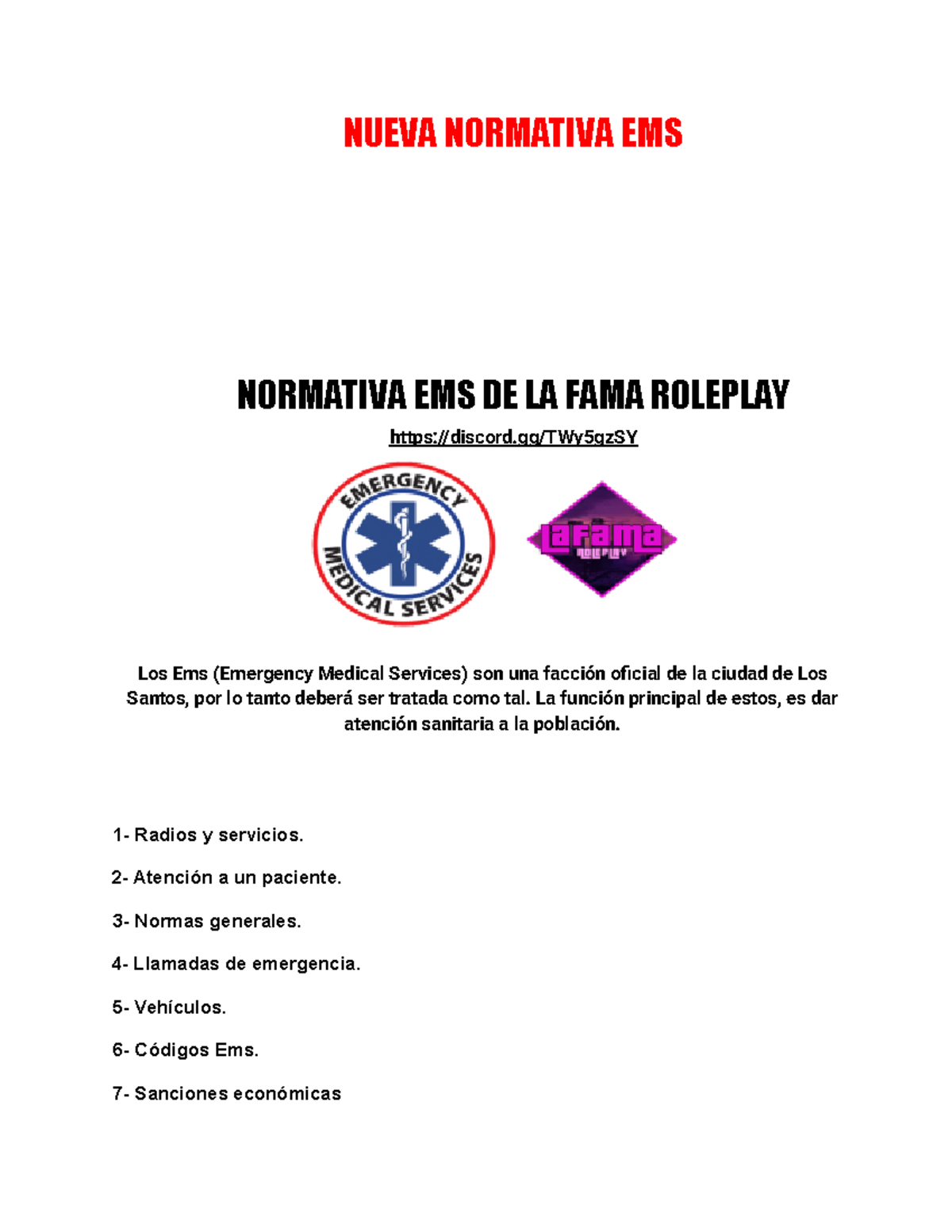595144695 Normativa EMs La Fama RP 3 - NUEVA NORMATIVA EMS NORMATIVA EMS DE LA FAMA ROLEPLAY ...