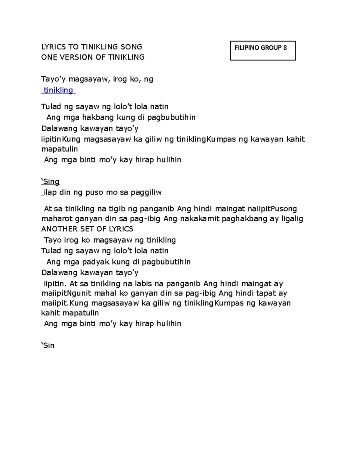 Lyrics TO Tinikling SONG - LYRICS TO TINIKLING SONG ONE VERSION OF ...