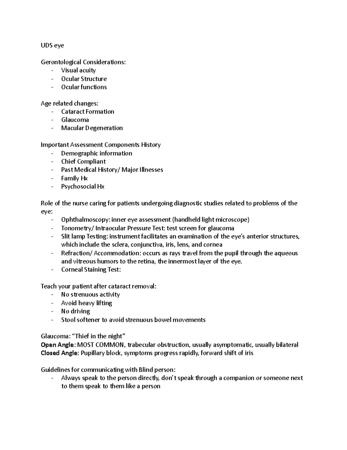 Test 1 UDS - Notes - UDS eye Gerontological Considerations: - Visual ...
