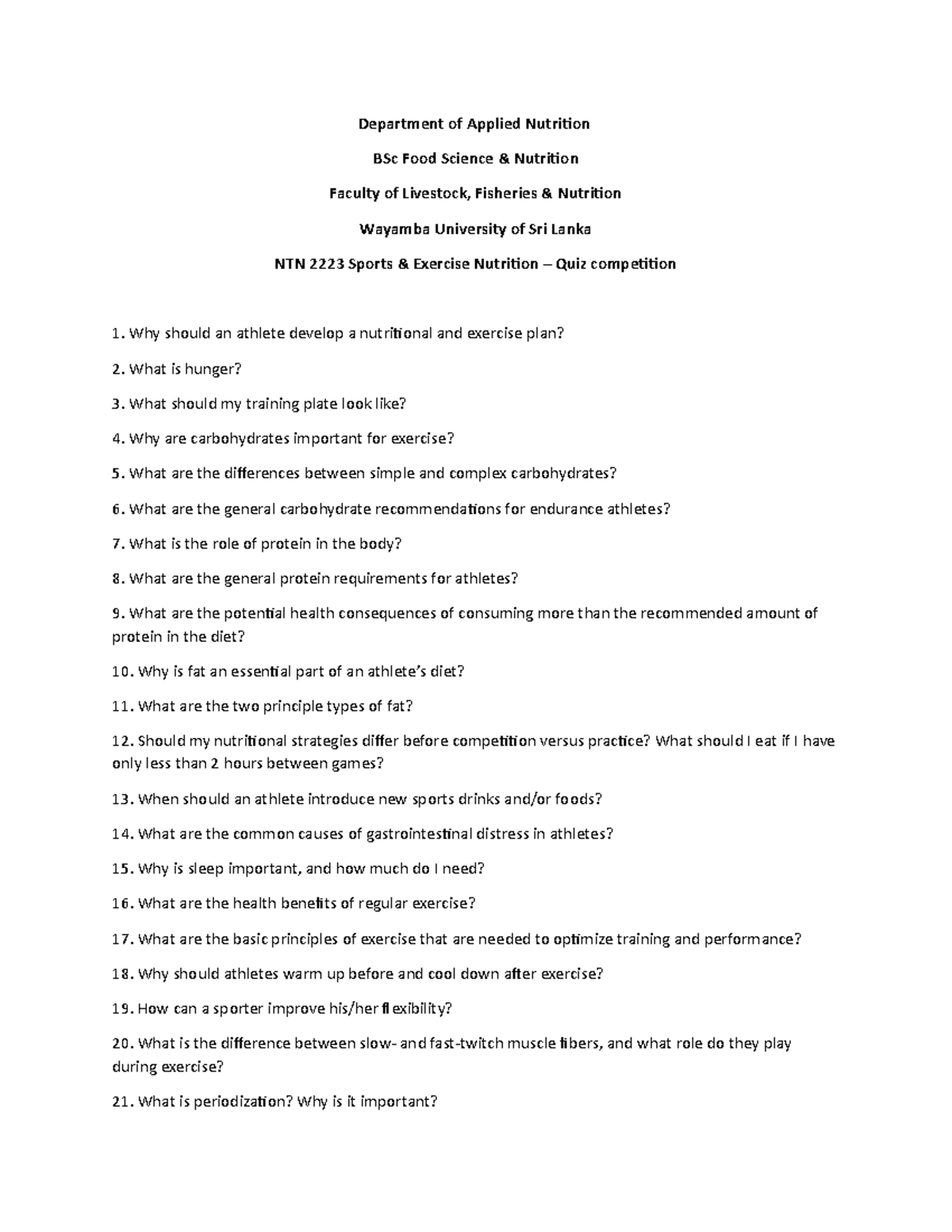 Quiz competition - 100 Questions - Department of Applied Nutrition BSc ...