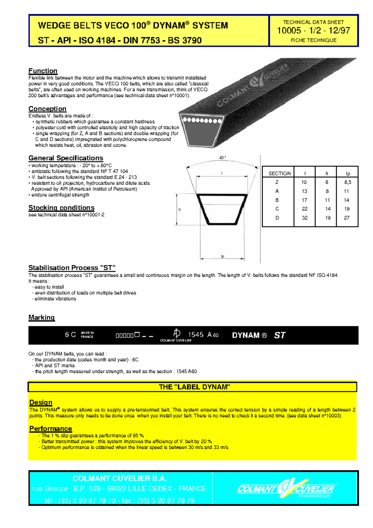 correas y elementos de maquinas - WEDGE BELTS VECO 100 DYNAM SYSTEM ST - API - ISO 4184 - DIN ...