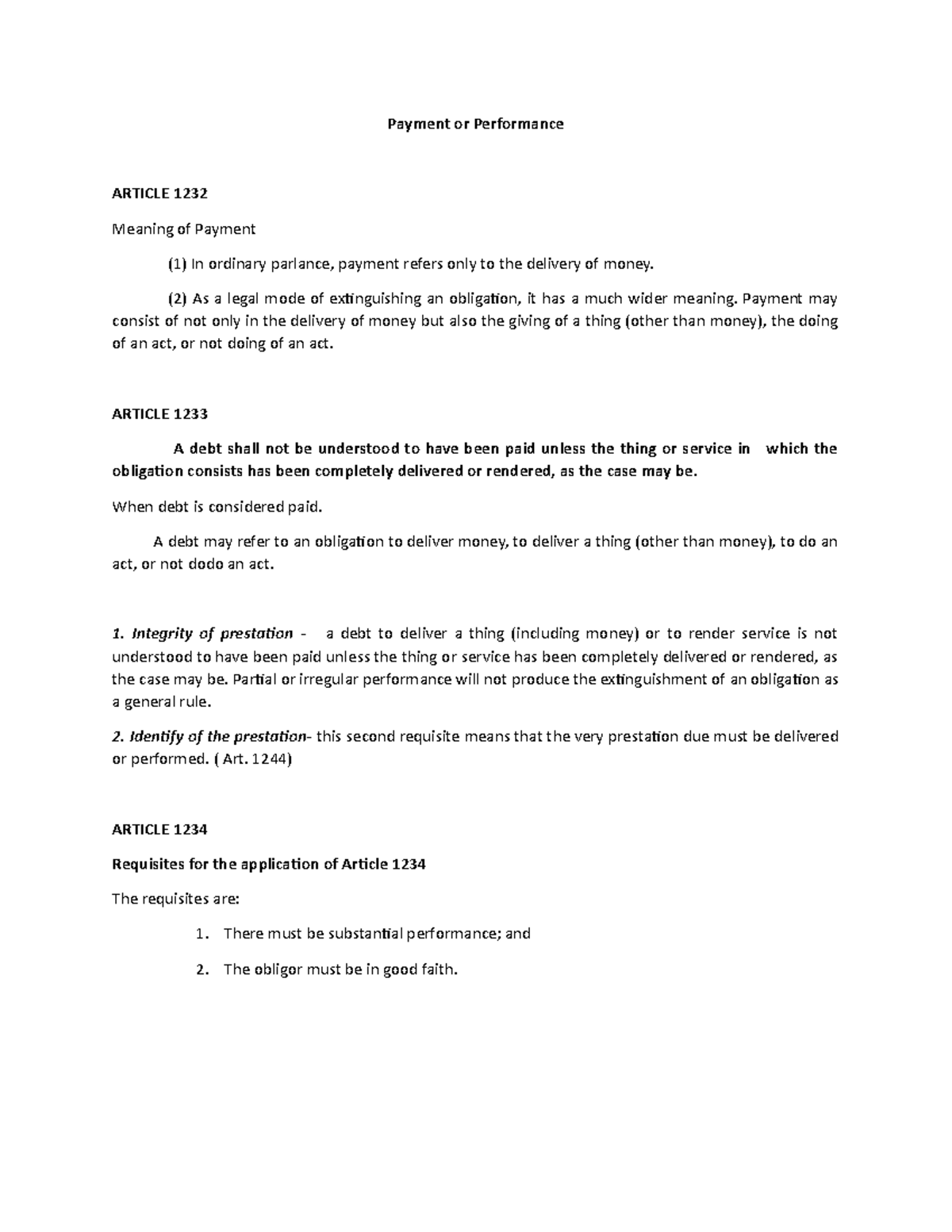 Payment or Performance - Payment or Performance ARTICLE 1232 Meaning of ...