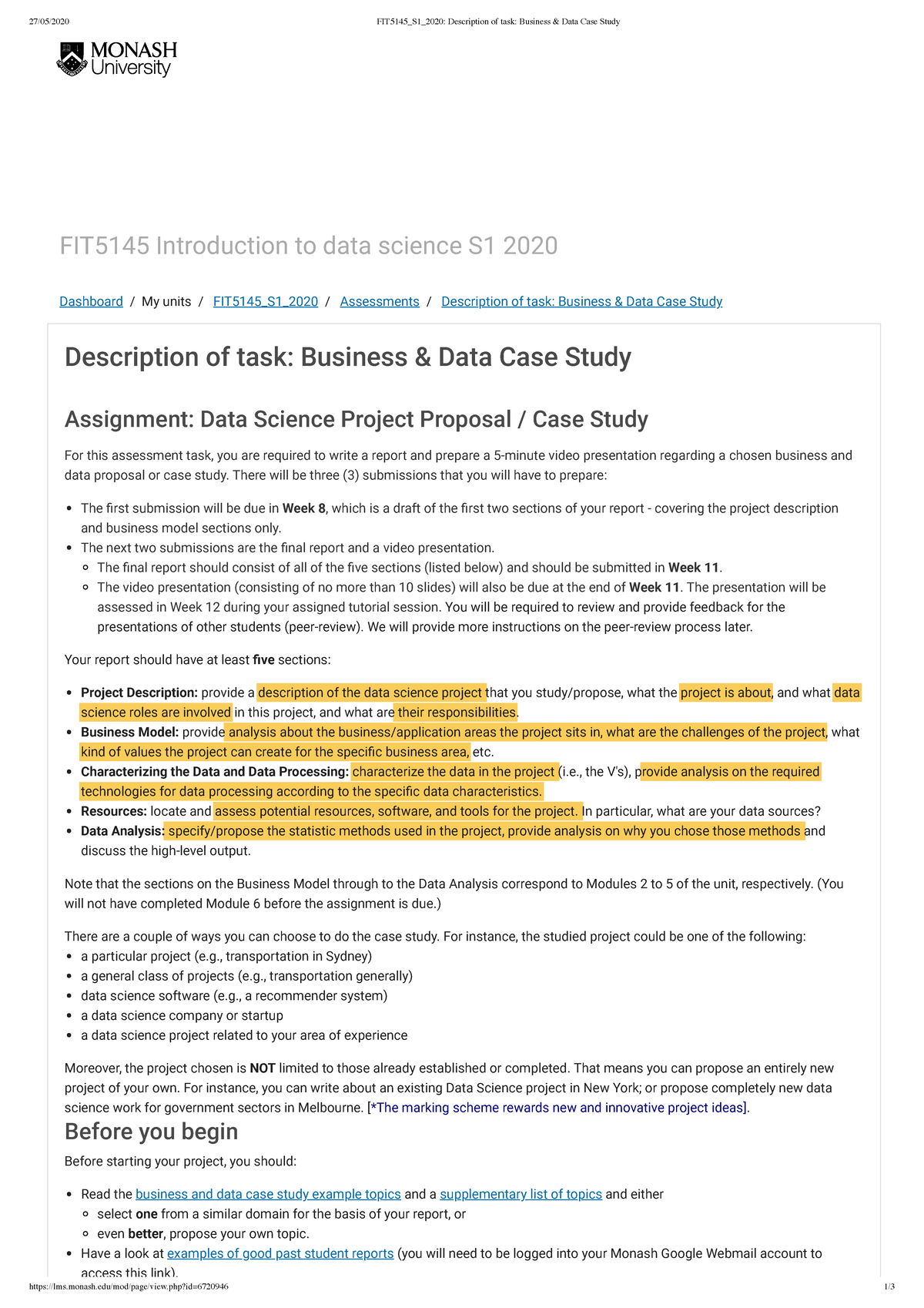 FIT5145 S1 2020 Description of task Business & Data Case Study - 27/05 ...