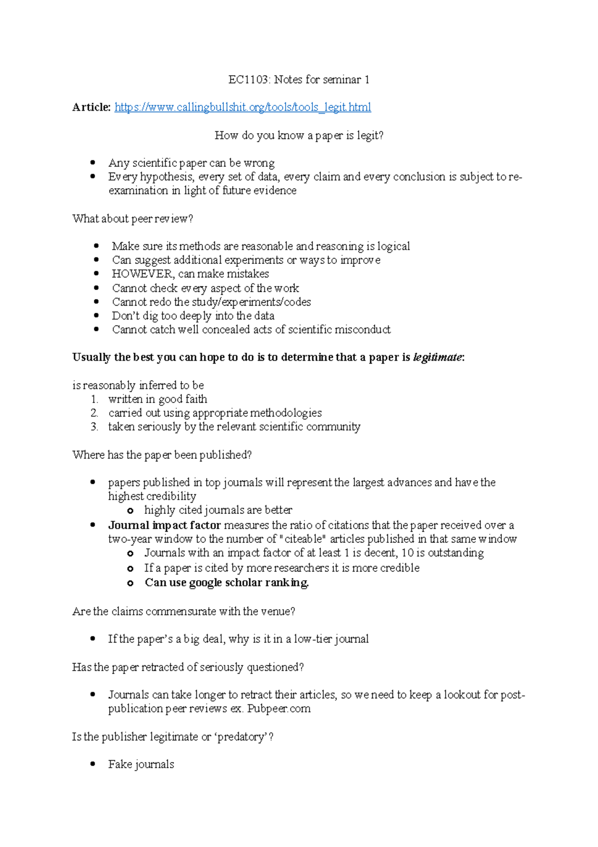 EC1103 - seminar 1 notes - EC1103: Notes for seminar 1 Article: - Studocu
