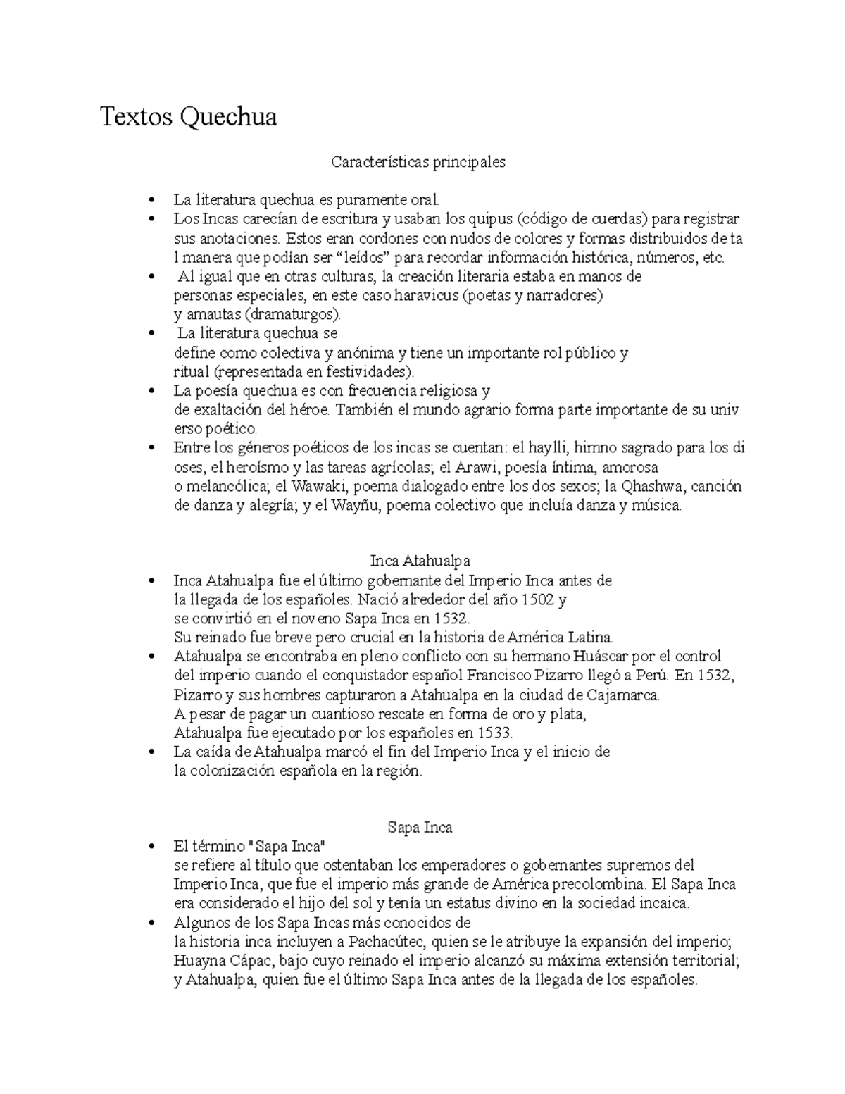 Textos Quechua - Textos Quechua Características principales La ...