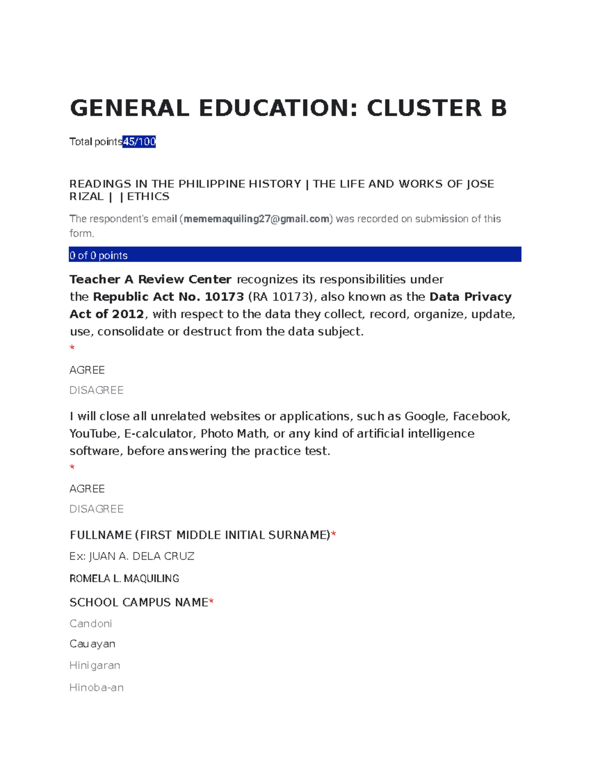 Gen ed 2 - General ed - GENERAL EDUCATION: CLUSTER B Total points45 ...