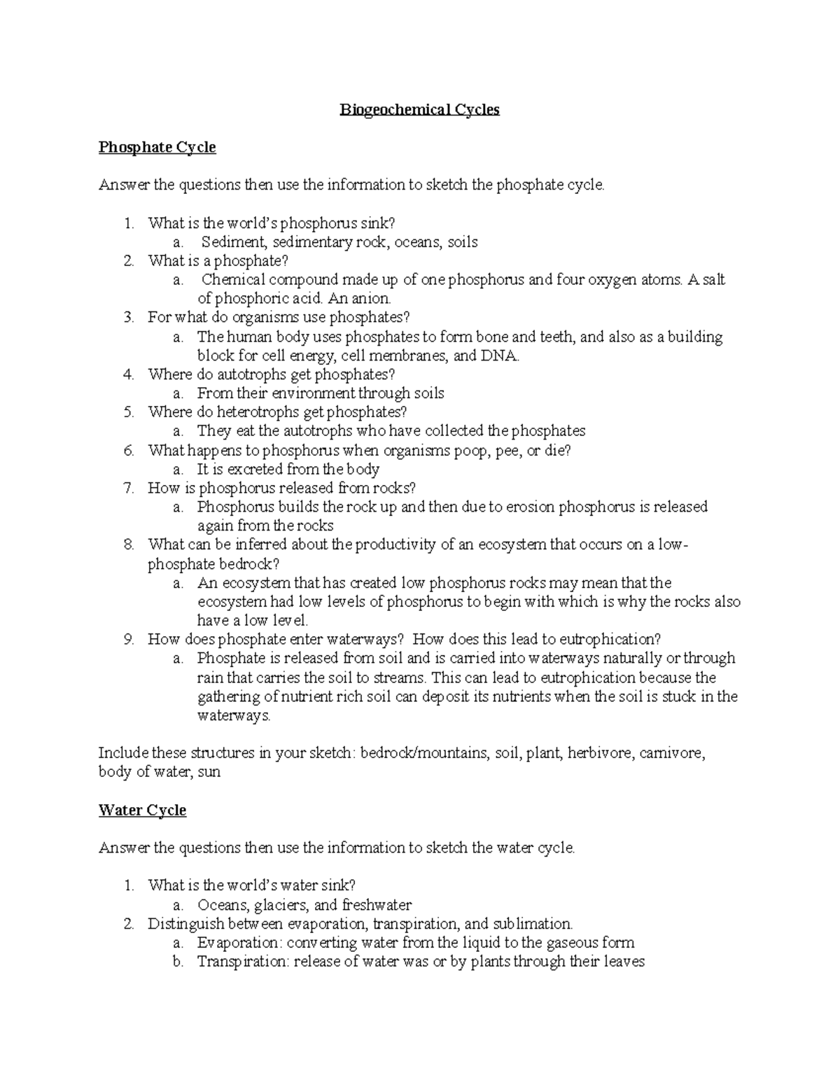 Biogeochemical Cycles wkst - Biogeochemical Cycles Phosphate Cycle ...