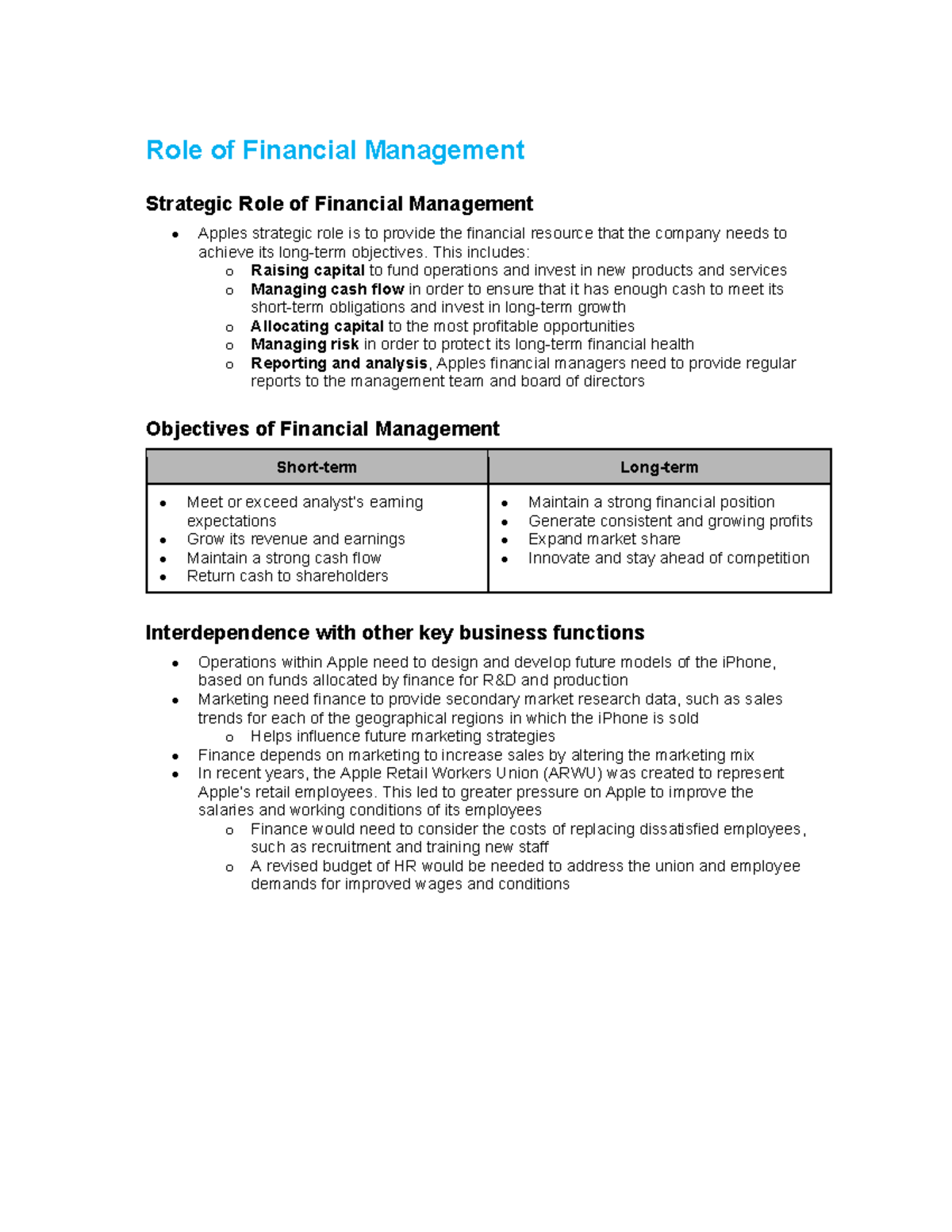 Apple case study notes finance - Role of Financial Management Strategic ...