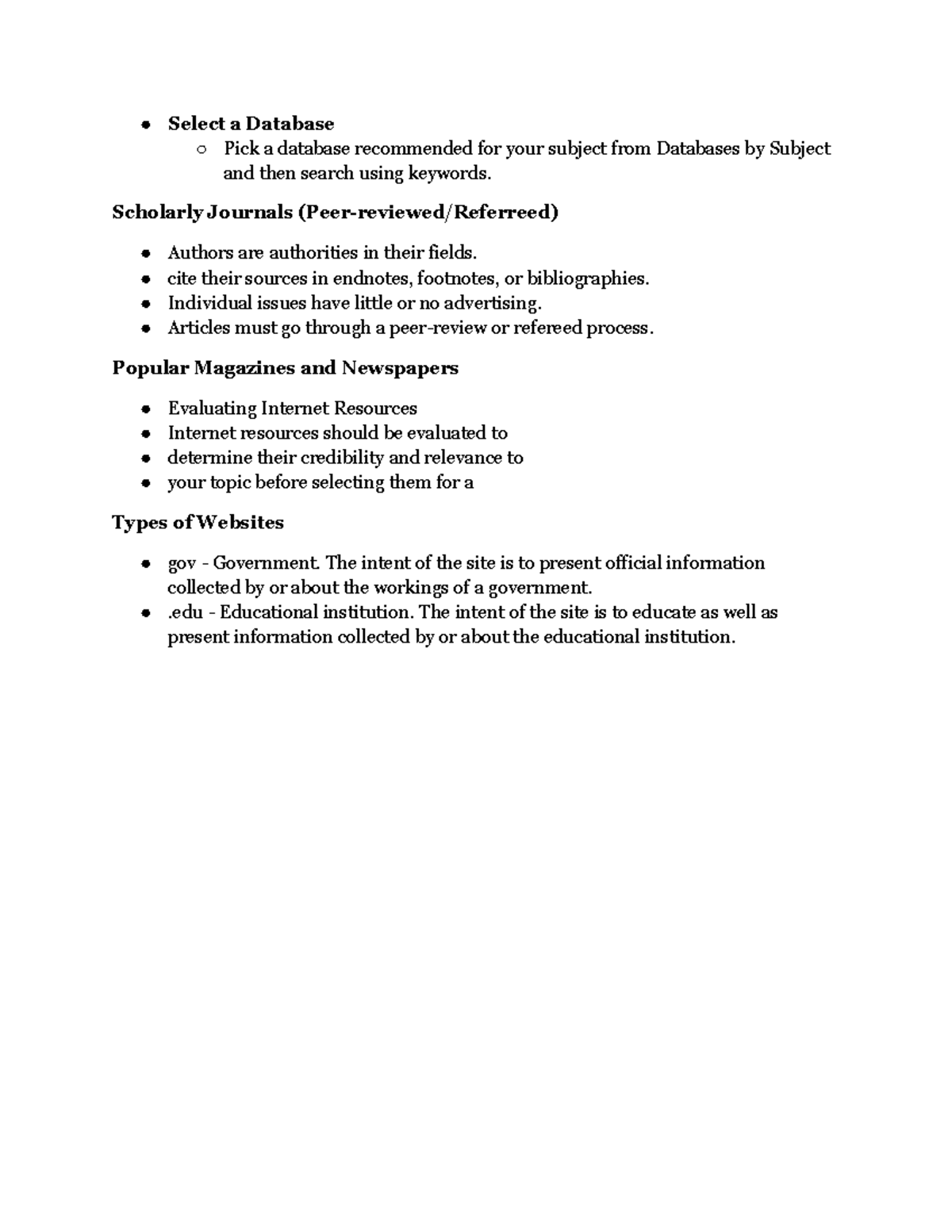 How to do research- Notes - Select a Database Pick a database ...