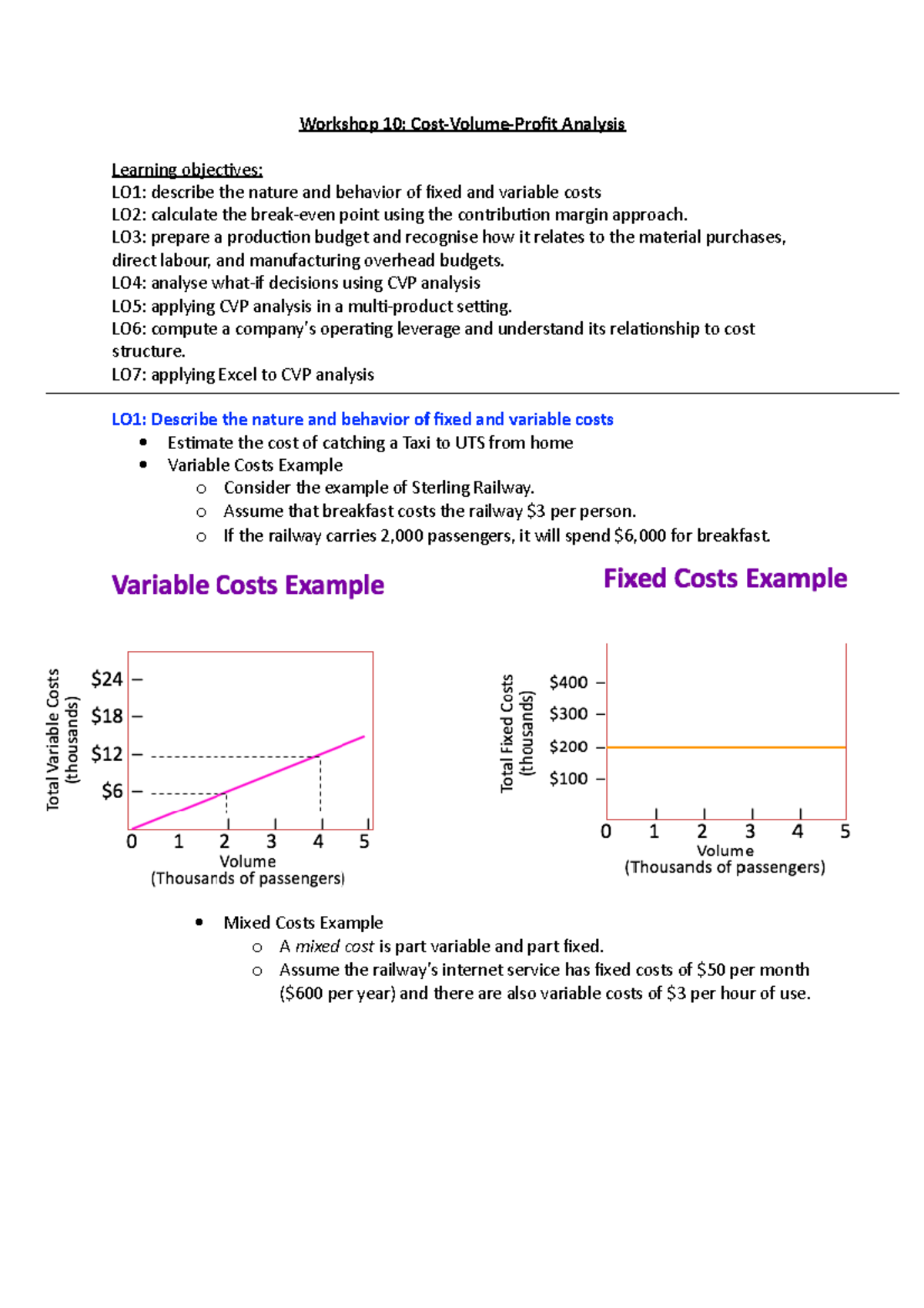 Workshop 10 - notes - Workshop 10: Cost-Volume-Profit Analysis Learning ...