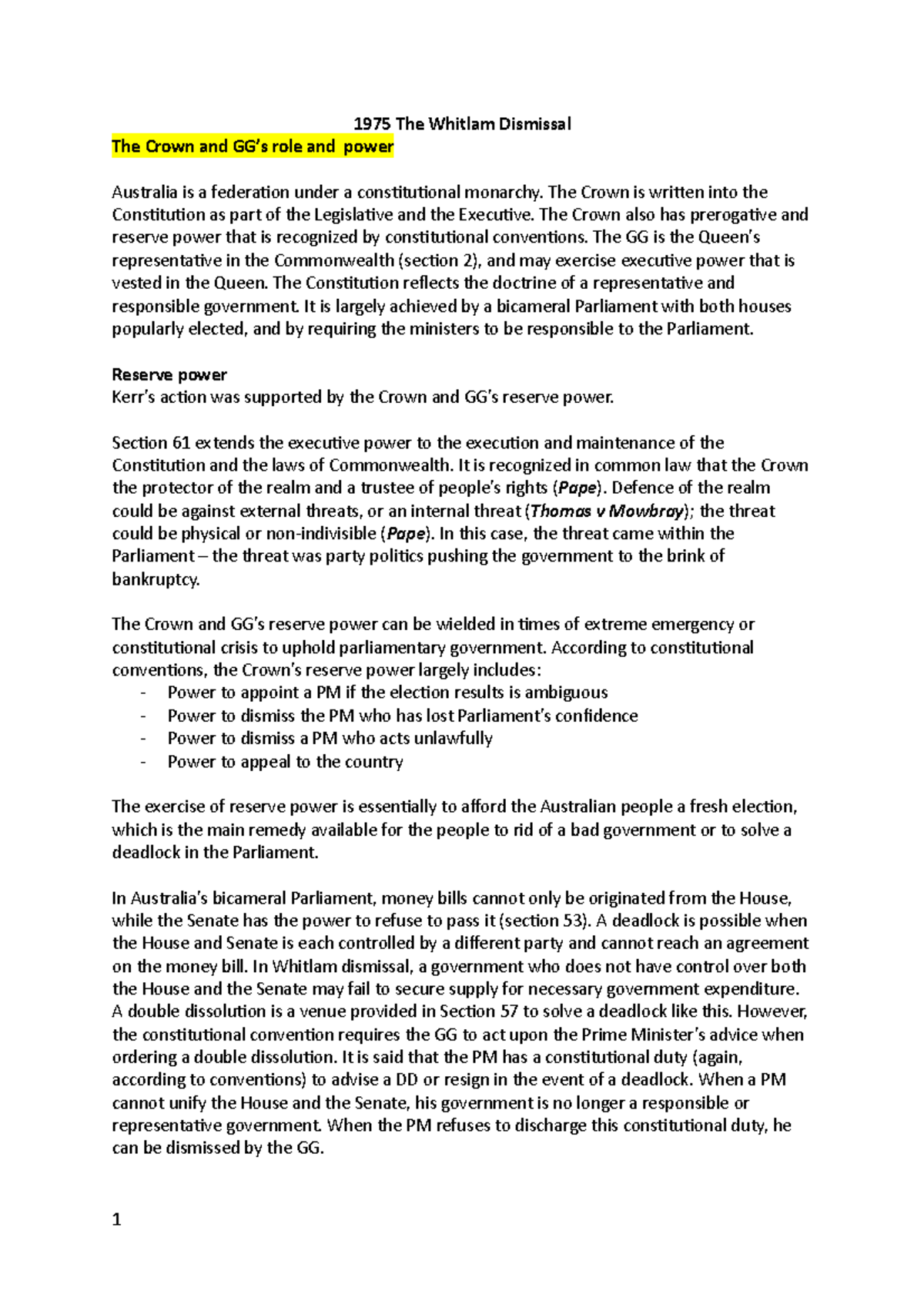 1975 The Whitlam Dismissal - 1975 The Whitlam Dismissal The Crown and ...