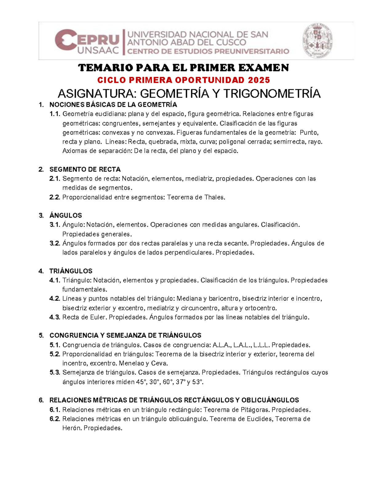 Temario Primer Examen - Geometr-A Y Trigonometr-A - Primera Oportunidad 2025 - TEMARIO PARA EL ...