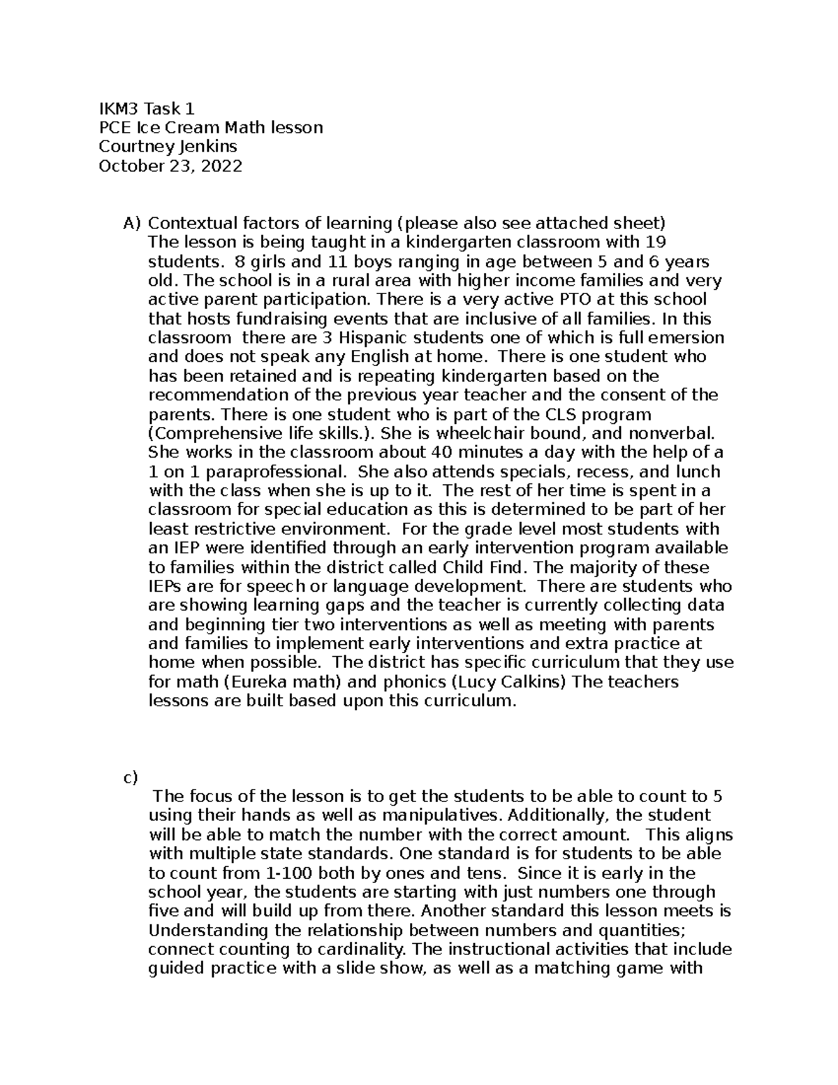 IKM3 Task 1 PCE Ice Cream Math Lesson - Studocu