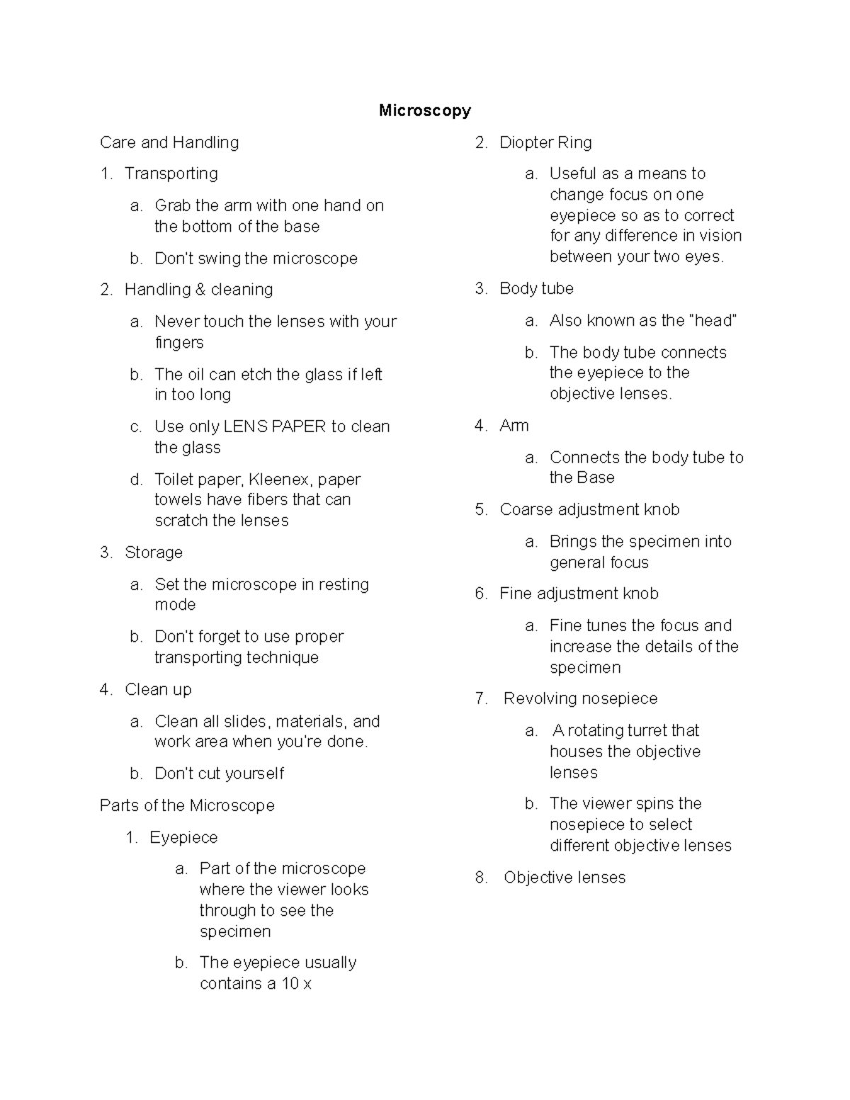 Microscopy Lab 1 discussion - Microscopy Care and Handling Transporting ...