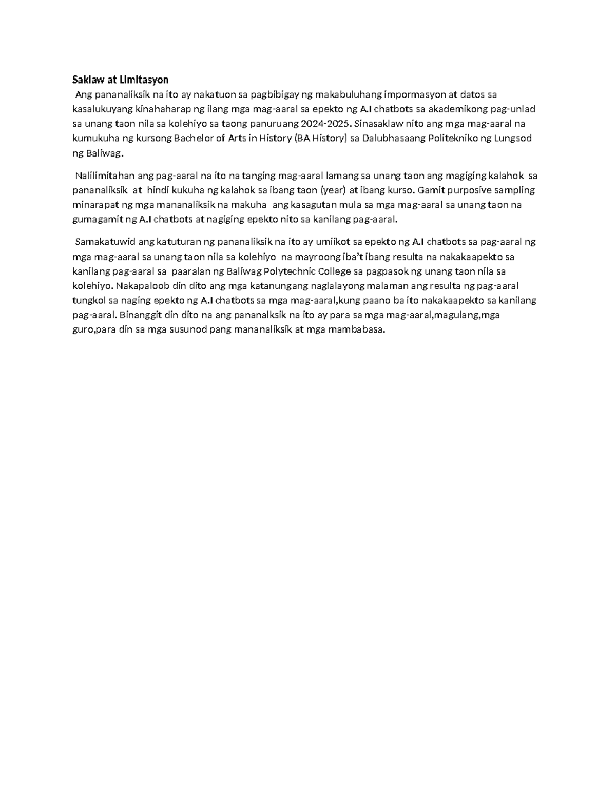 Saklaw at Limitasyon - pananaliksik tungkol sa epekto ng AI chatbots sa ...