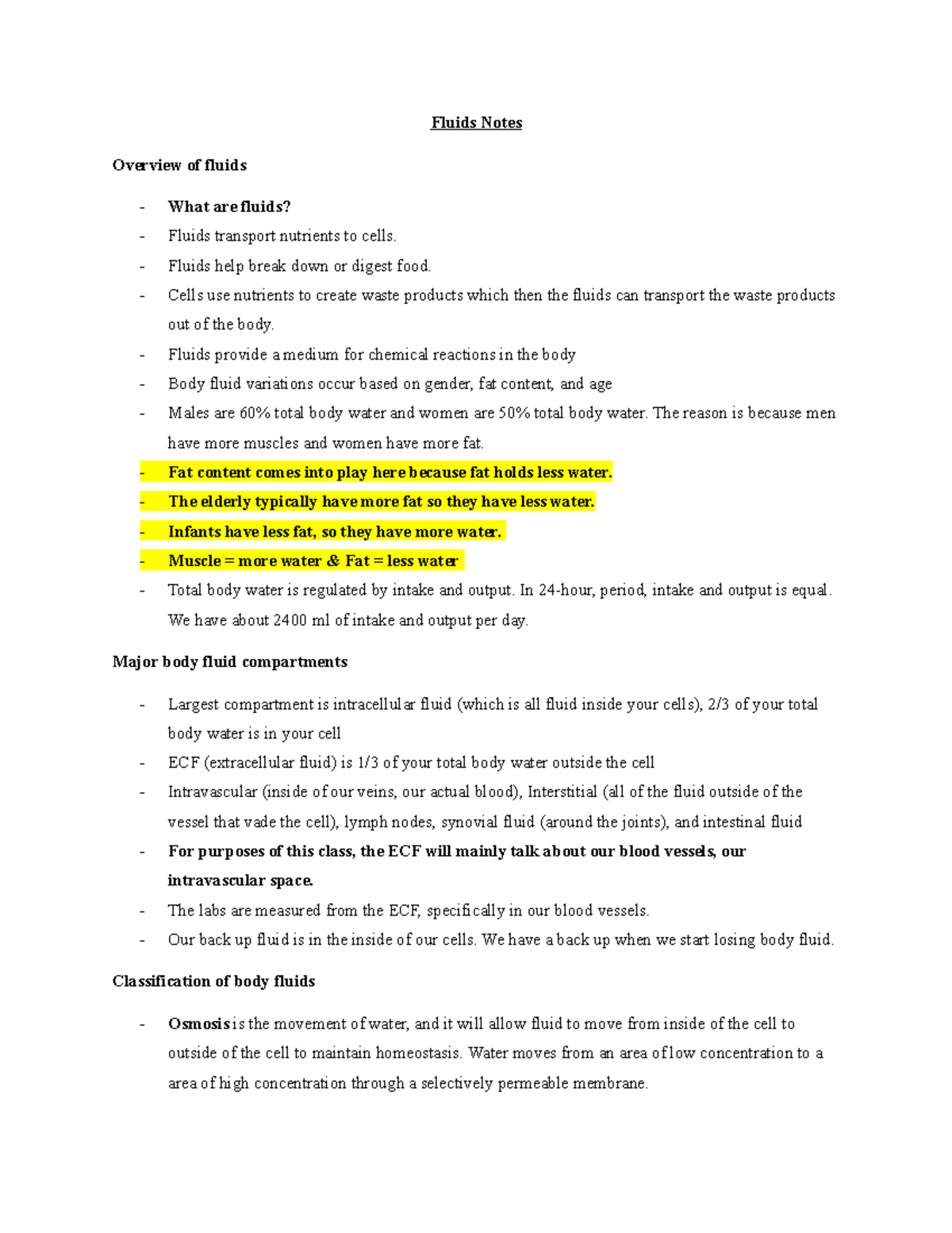 NURS319 - Fluid Notes - Fluids Notes Overview of fluids What are fluids ...