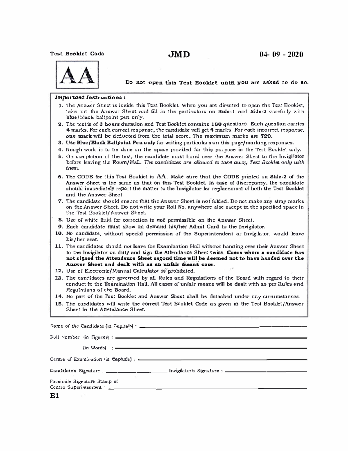 1 neet que paper - Good - Test Booklet Code Jl't1D 04- 09 - 2020 Do not ...