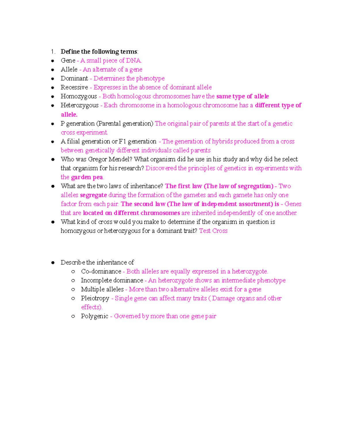 Biology Ch.9 - Study Guide Notes - Define the following terms: Gene - A ...