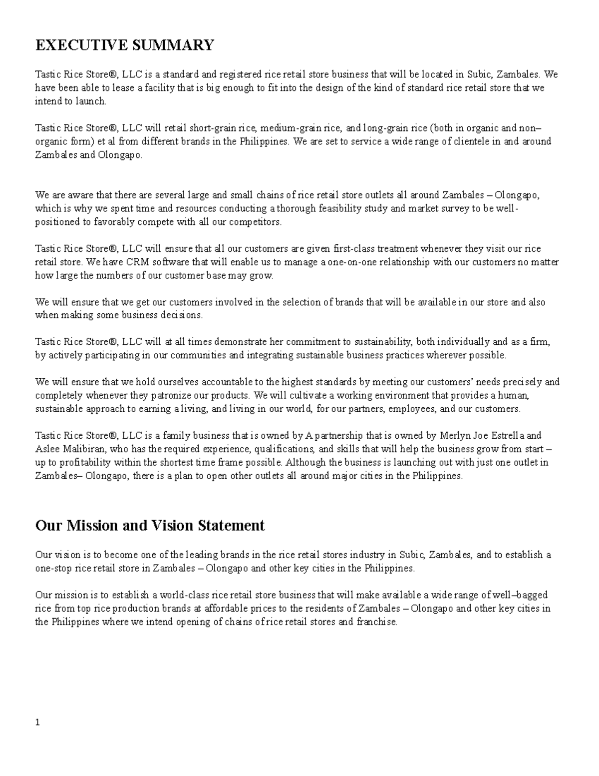 Plan - Business Plan - EXECUTIVE SUMMARY Tastic Rice Store®, LLC is a ...