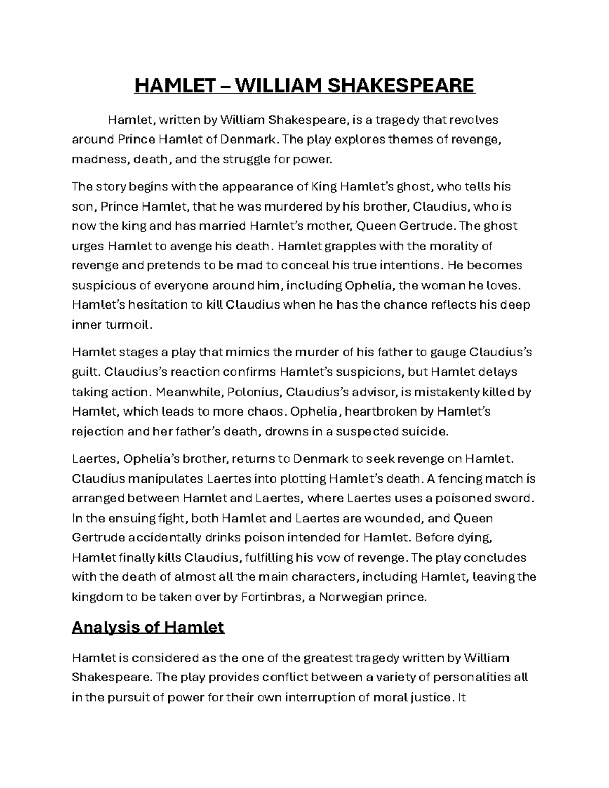 Hamlet - Notes - HAMLET – WILLIAM SHAKESPEARE Hamlet, written by ...