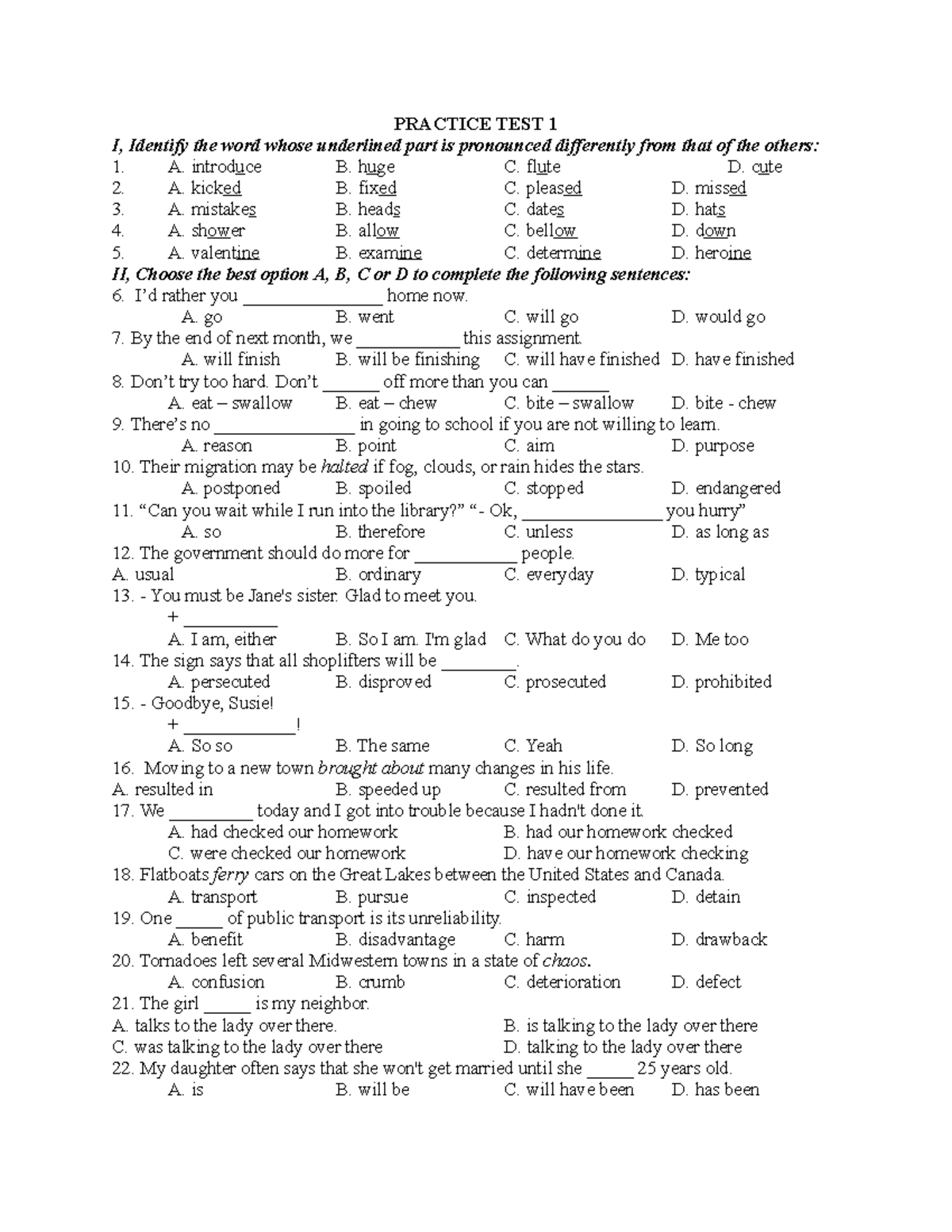 Practice TEST 1 - BÀI TẬP THÌ HIỆN TẠI ĐƠN - TỔNG HỢP - PRACTICE TEST 1 ...
