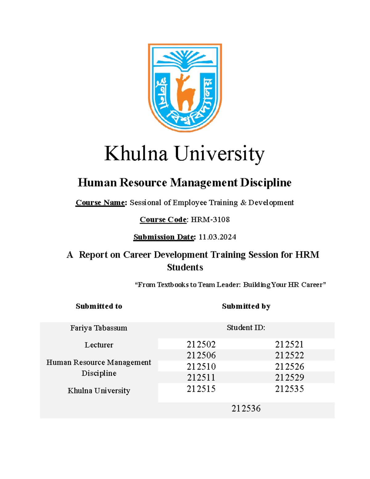 ETD Training Session Report 1 - Khulna University Human Resource Management Discipline Course ...
