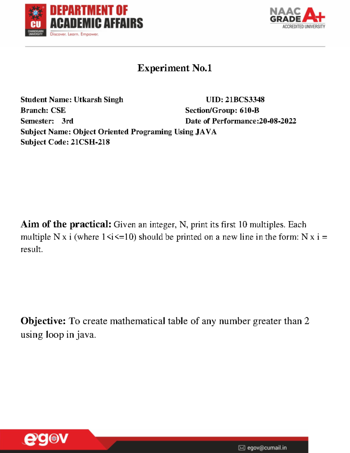 21BCS3348 Utkarsh Singh Exp-1 java - Experiment No. Student Name ...