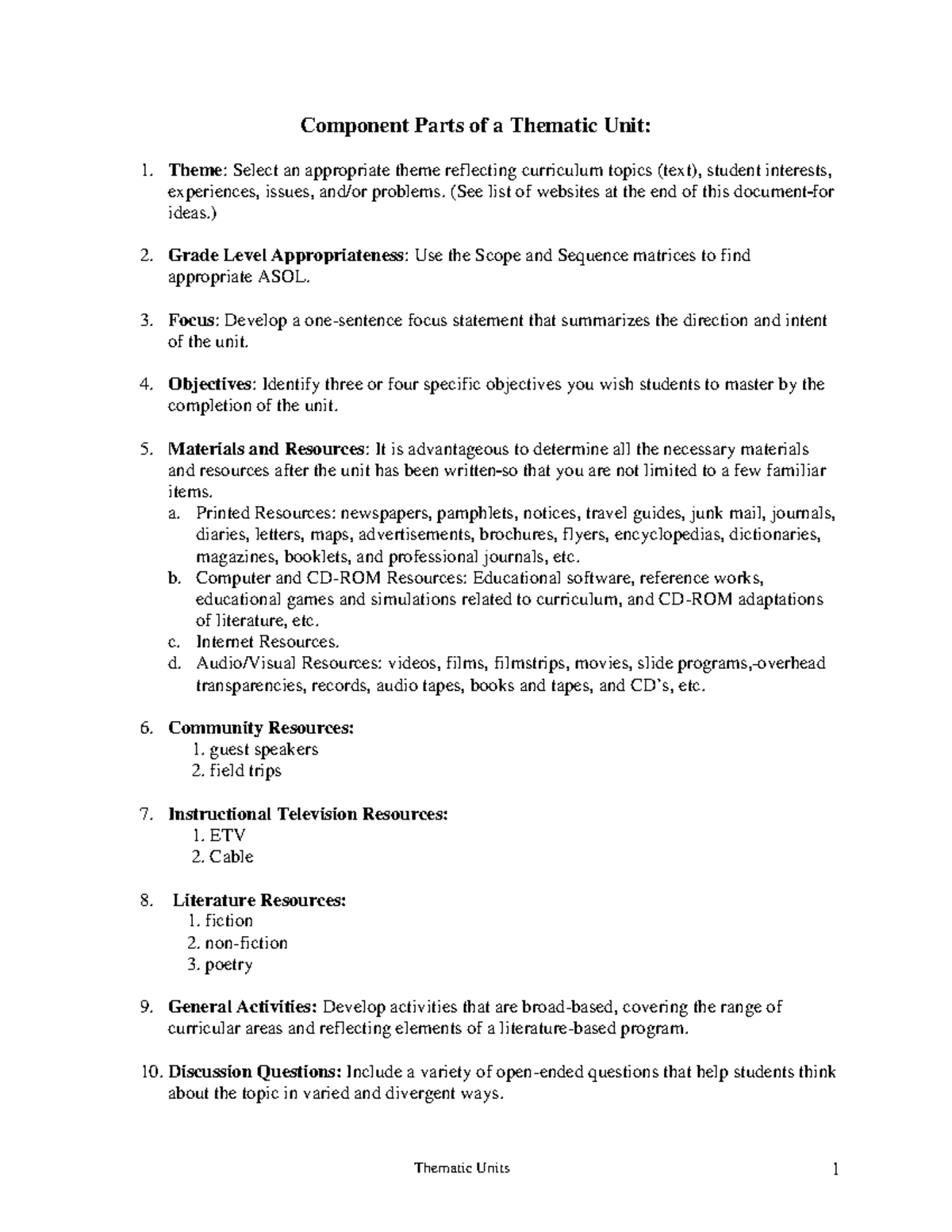 Thematic Unitsupdate 2014 - Component Parts of a Thematic Unit: 1 ...