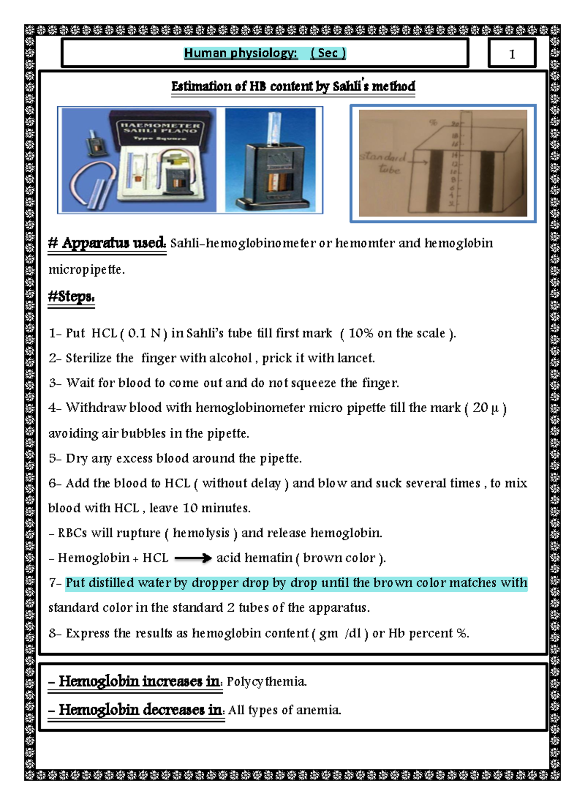 ( I ) Sahli's Method-1 - Physiology 3 - Human physiology: ( Sec ...