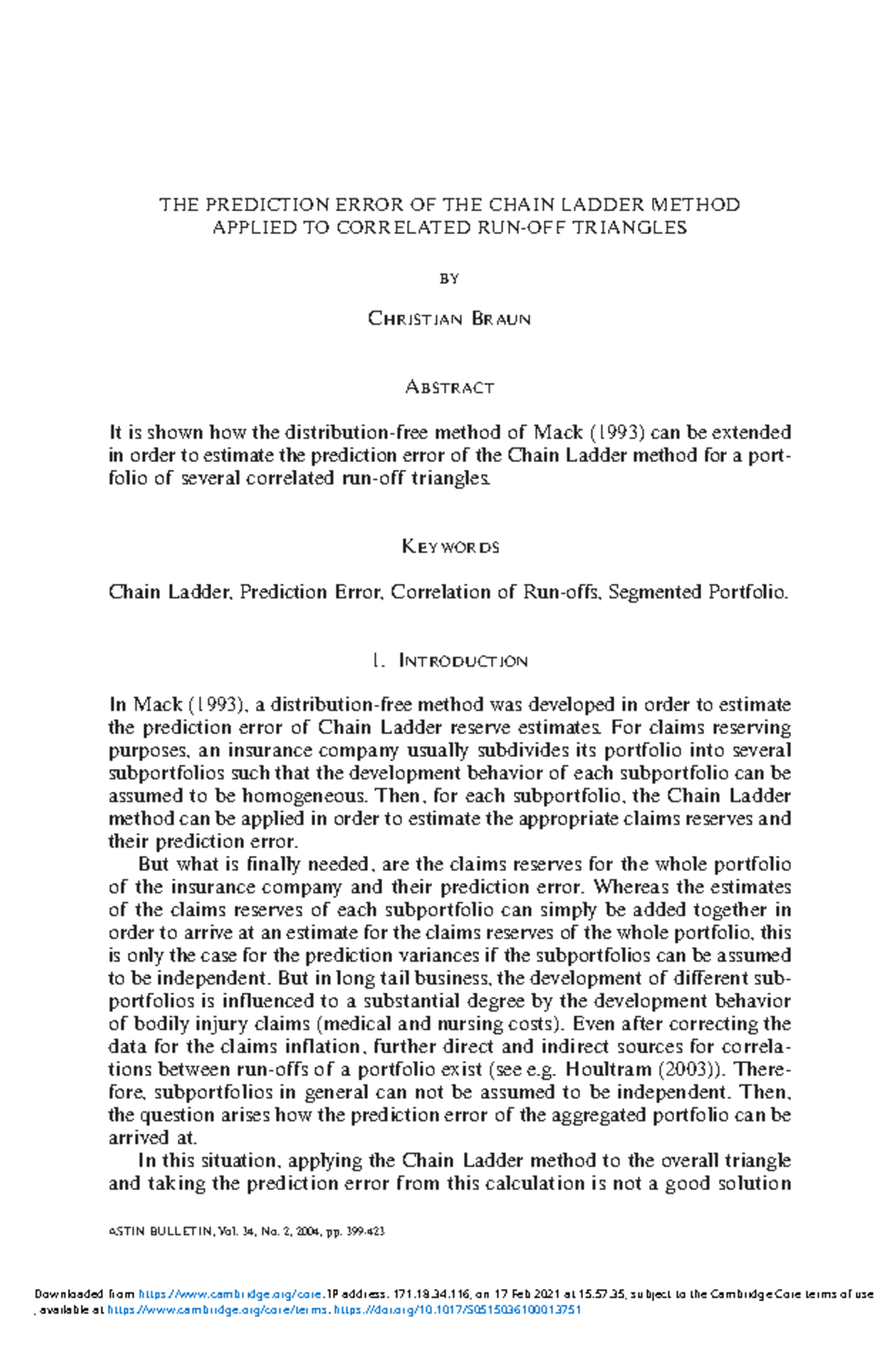 The prediction error of the chain ladder method applied to correlated ...
