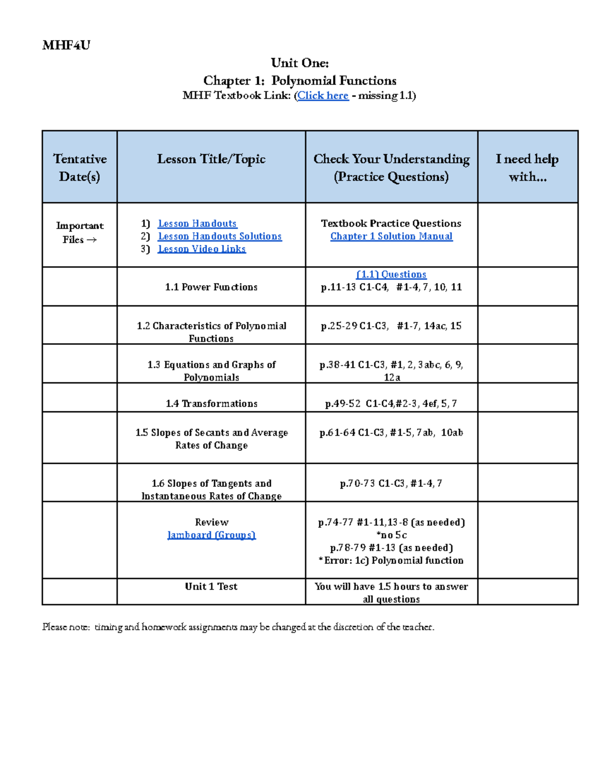 (0) U1 Outline Polynomial Functions SS.docx (1) - MHF4U Unit One: Chapter 1: Polynomial ...