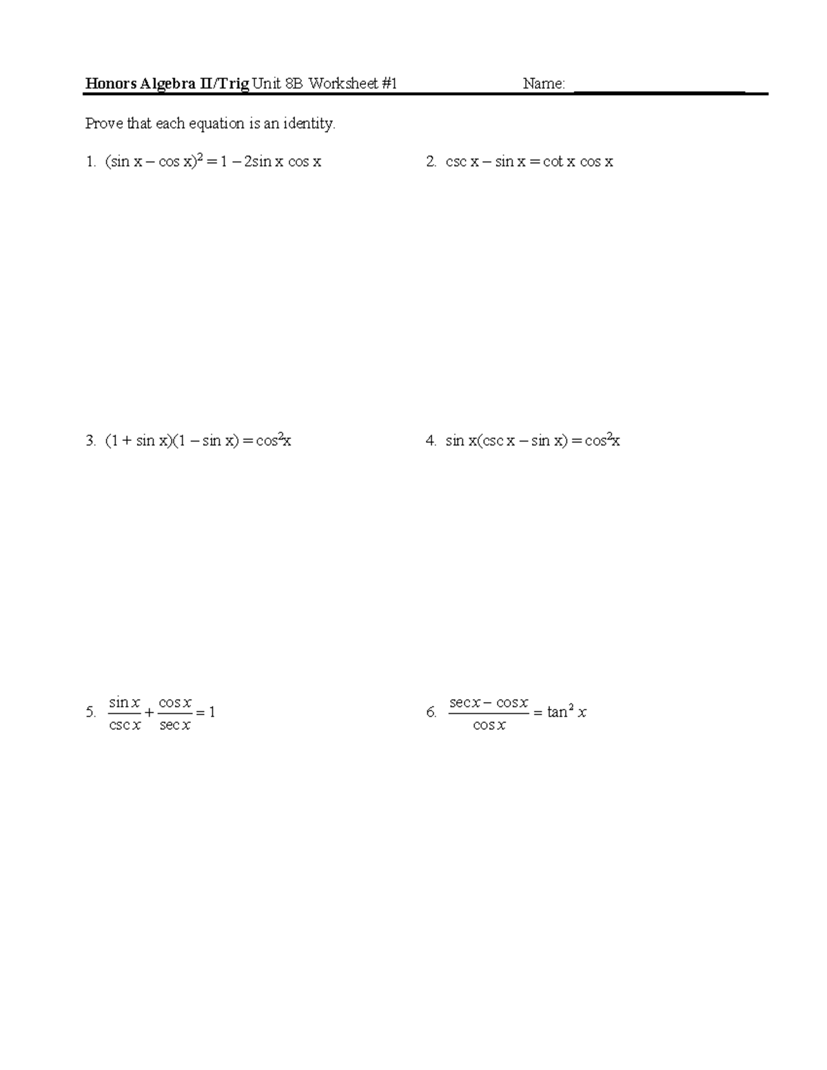 Worksheet #1 - This is a unit 5 hw sheet - Honors Algebra II/Trig Unit ...