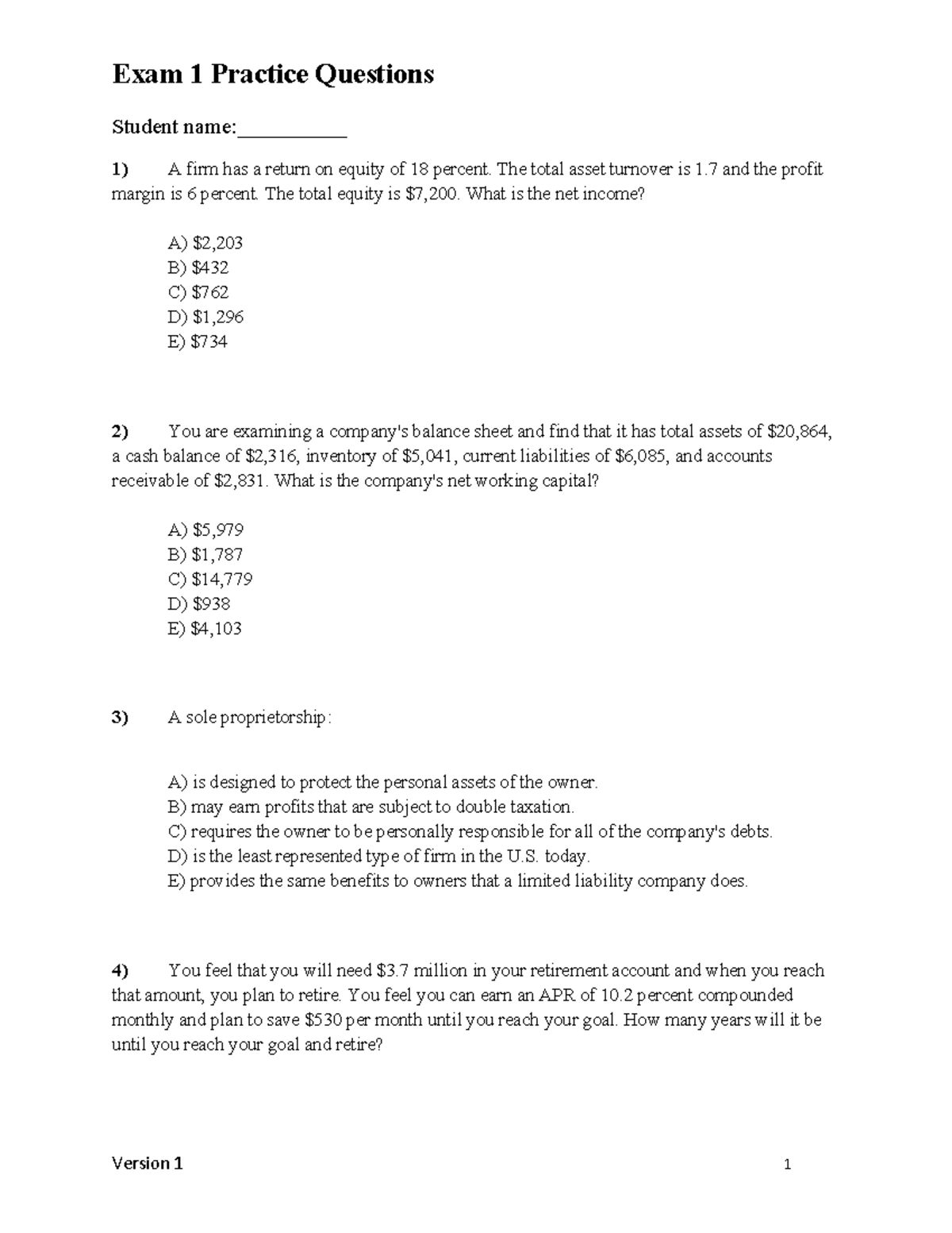 Exam 1 Practice Test version 1 - Student name:__________ 1) A firm has ...