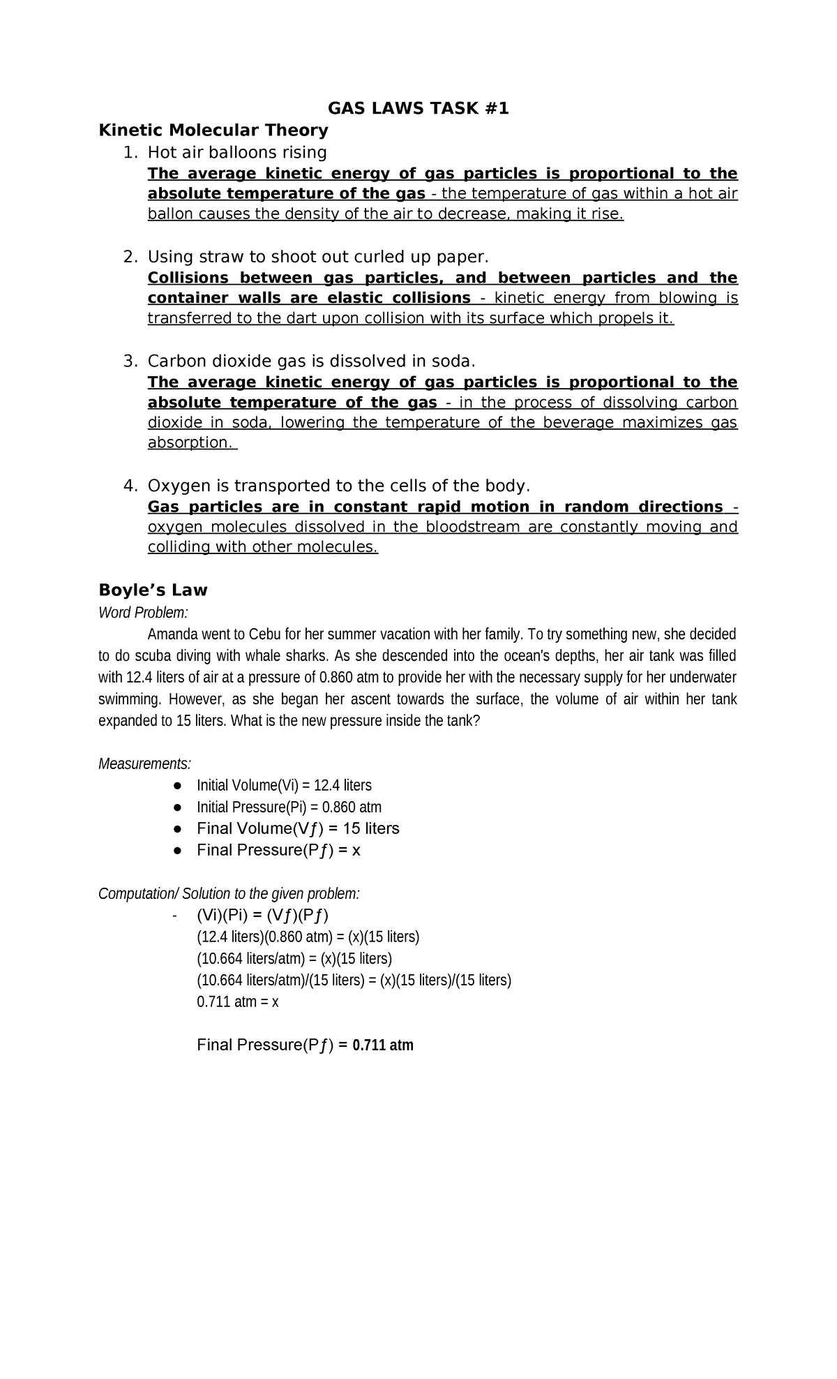 Gas Laws Task Grade 10 - GAS LAWS TASK Kinetic Molecular Theory 1. Hot ...