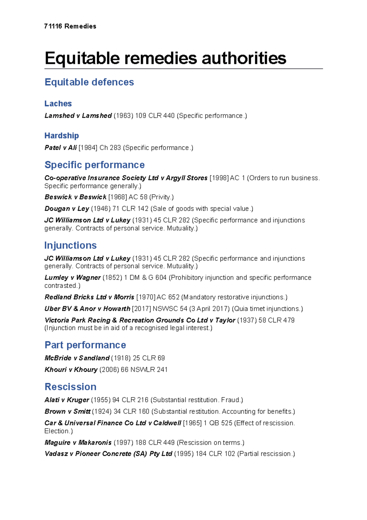 Equitable remedies authorities list - 71116 Remedies Equitable remedies ...