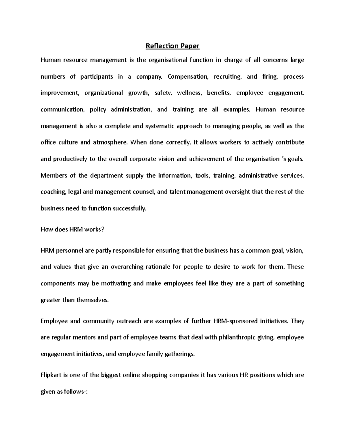 Reflection Paper - Reflection Paper Human resource management is the ...