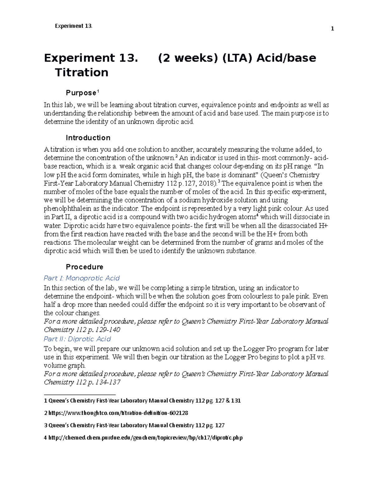 CHEM112 Lab #11 - Acid Base Titration - Experiment 13. (2 weeks) (LTA ...