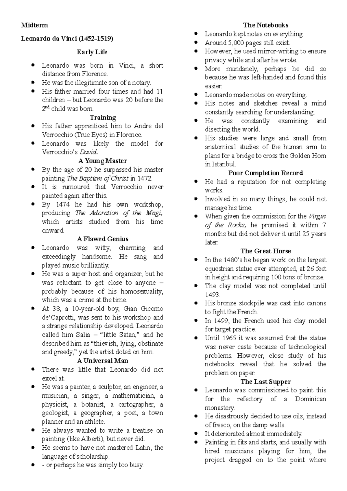 Arts Ed midterm - Midterm Leonardo da Vinci (1452-1519) Early Life ...