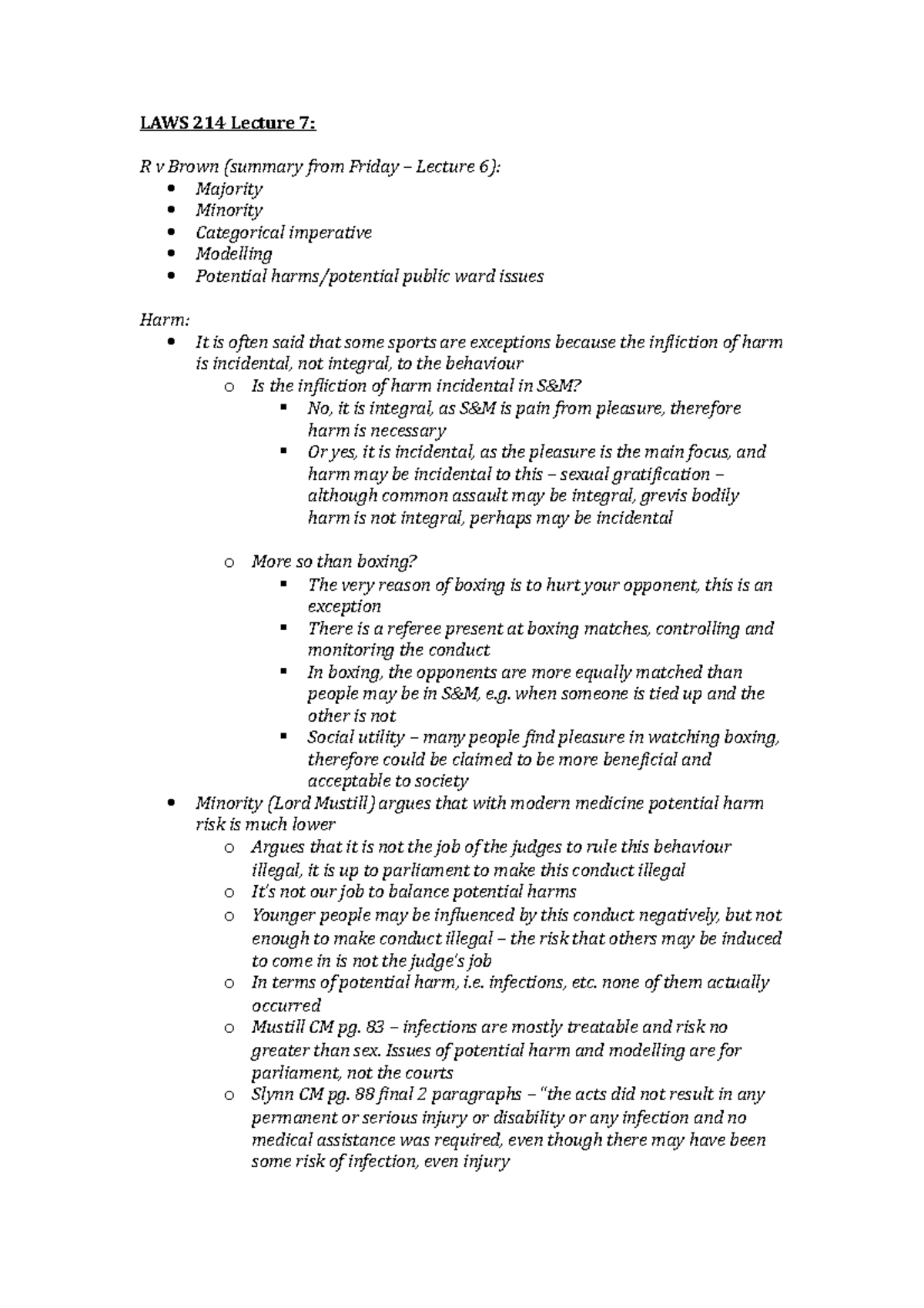 LAWS 214 Lecture 7 - LAWS 214 Lecture 7: R v Brown (summary from Friday – Lecture 6): Majority ...