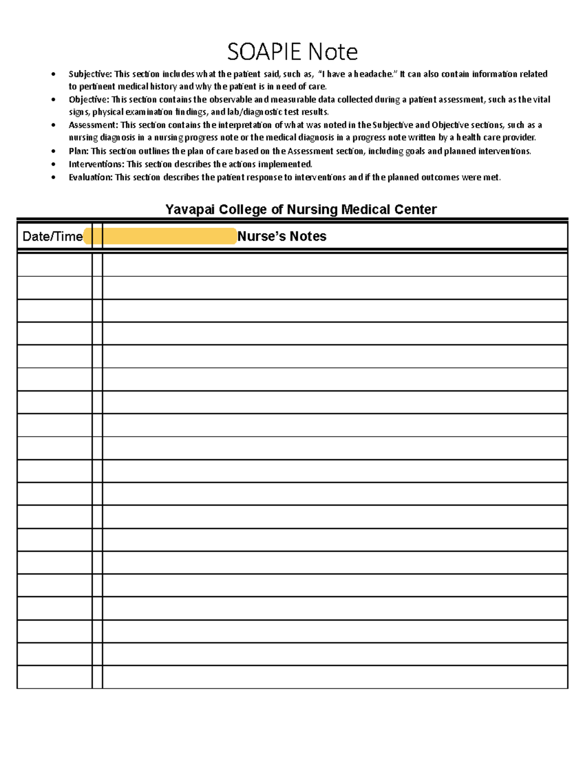 Soapie Note Template F-24 - SOAPIE Note • Subjective: This section ...