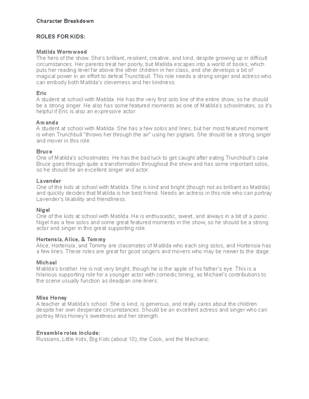 Matilda Character descriptions - Character Breakdown ROLES FOR KIDS ...