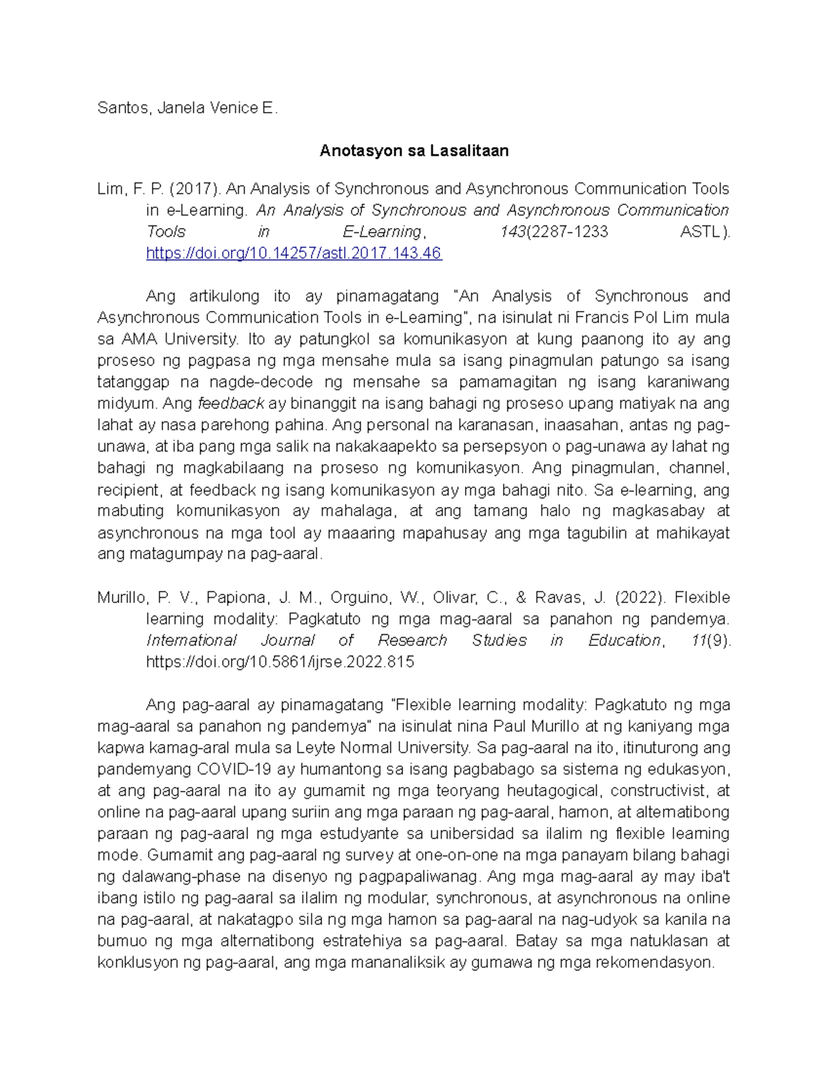 Santos Anotasyon sa Lasalitaan (Mga Buod Lamang) - Santos, Janela ...