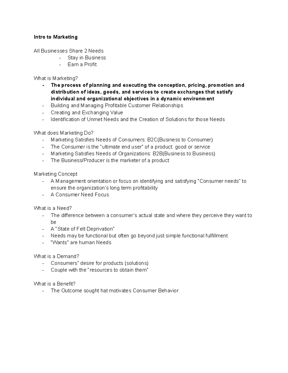 Intro to Marketing Notes - Intro to Marketing All Businesses Share 2 ...