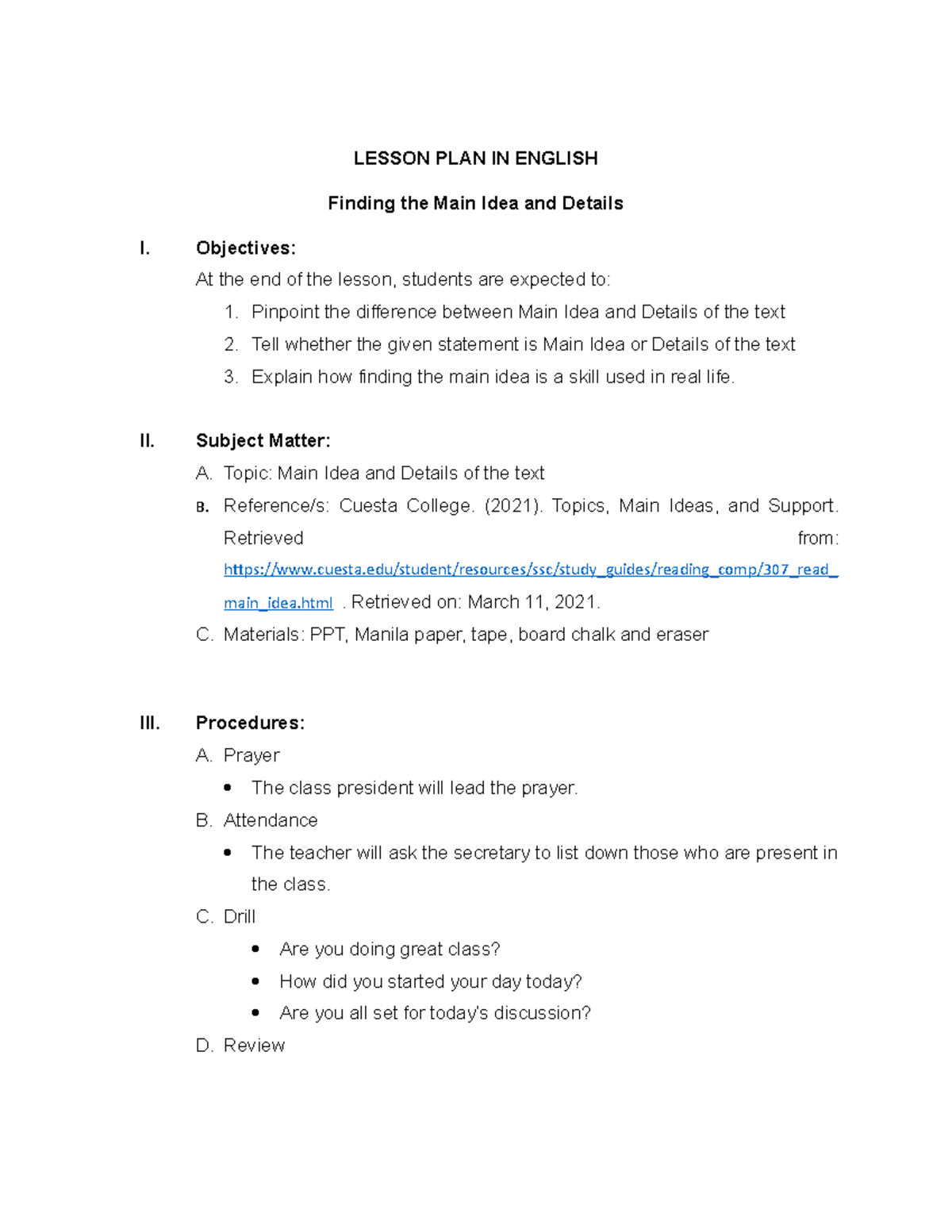 Lesson Plan for Reading Skills - LESSON PLAN IN ENGLISH Finding the ...