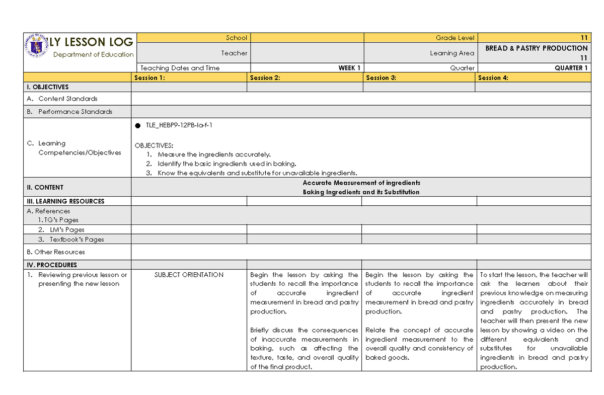 BPP1 Quarter 1 WEEK1 - DAILY LESSON LOG Department of Education School ...