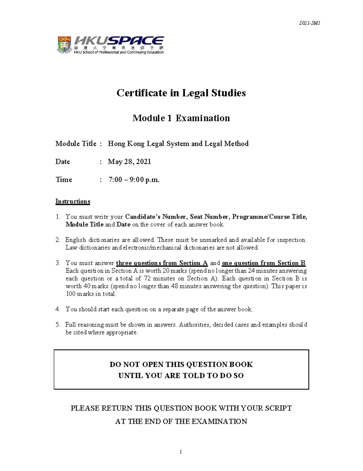 CLS Exam Papers 2021 - Past Paper - Certificate in Legal Studies Module ...
