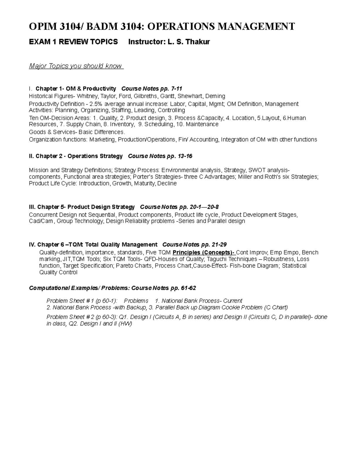 EXAM-1-Review-POM- Review-OPIM 3104 - OPIM 3104/ BADM 3104: OPERATIONS ...