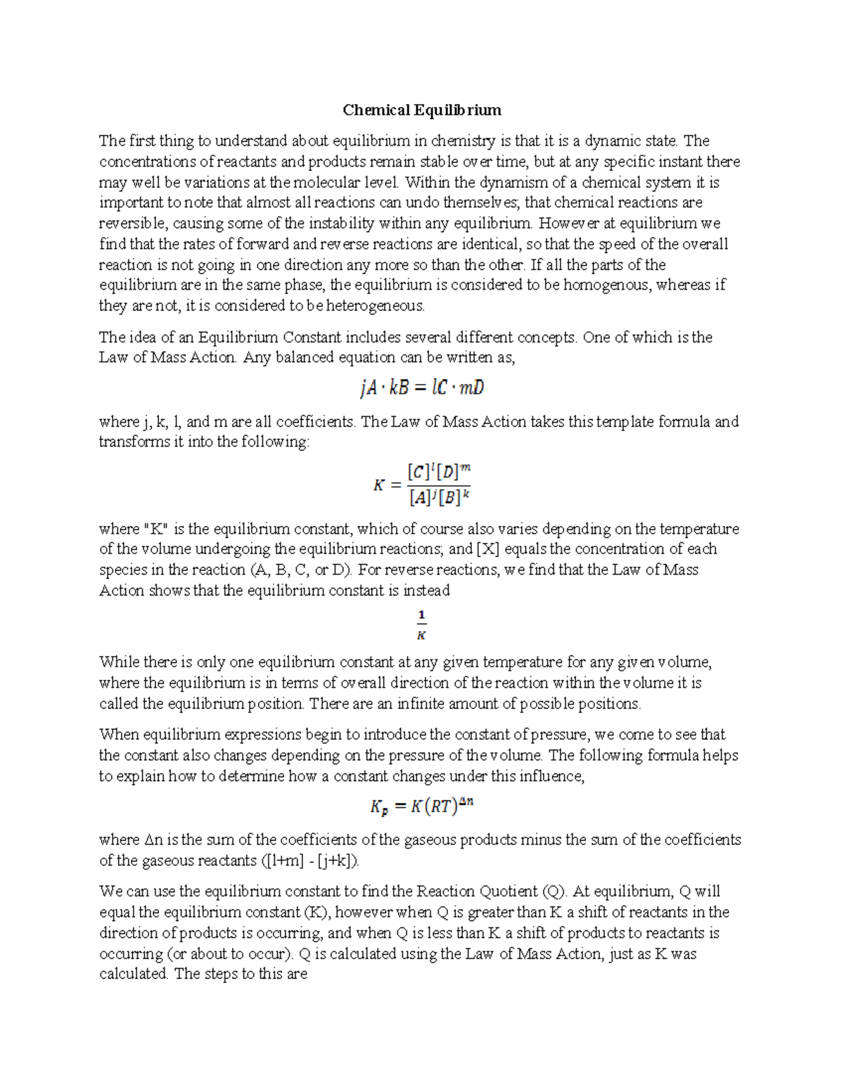 CHEM 101 Lesson 12 Chemical Equilibrium - Chemical Equilibrium The ...