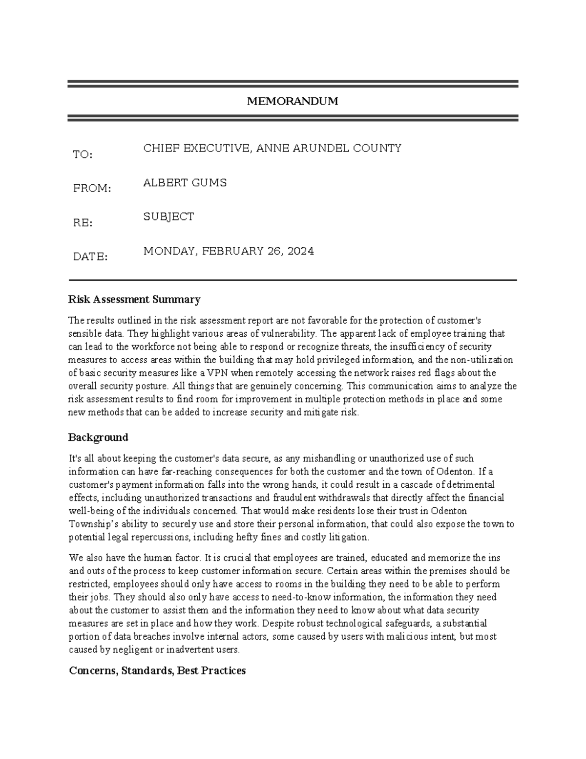 Data Security Professional Memo - MEMORANDUM TO: CHIEF EXECUTIVE, ANNE ...