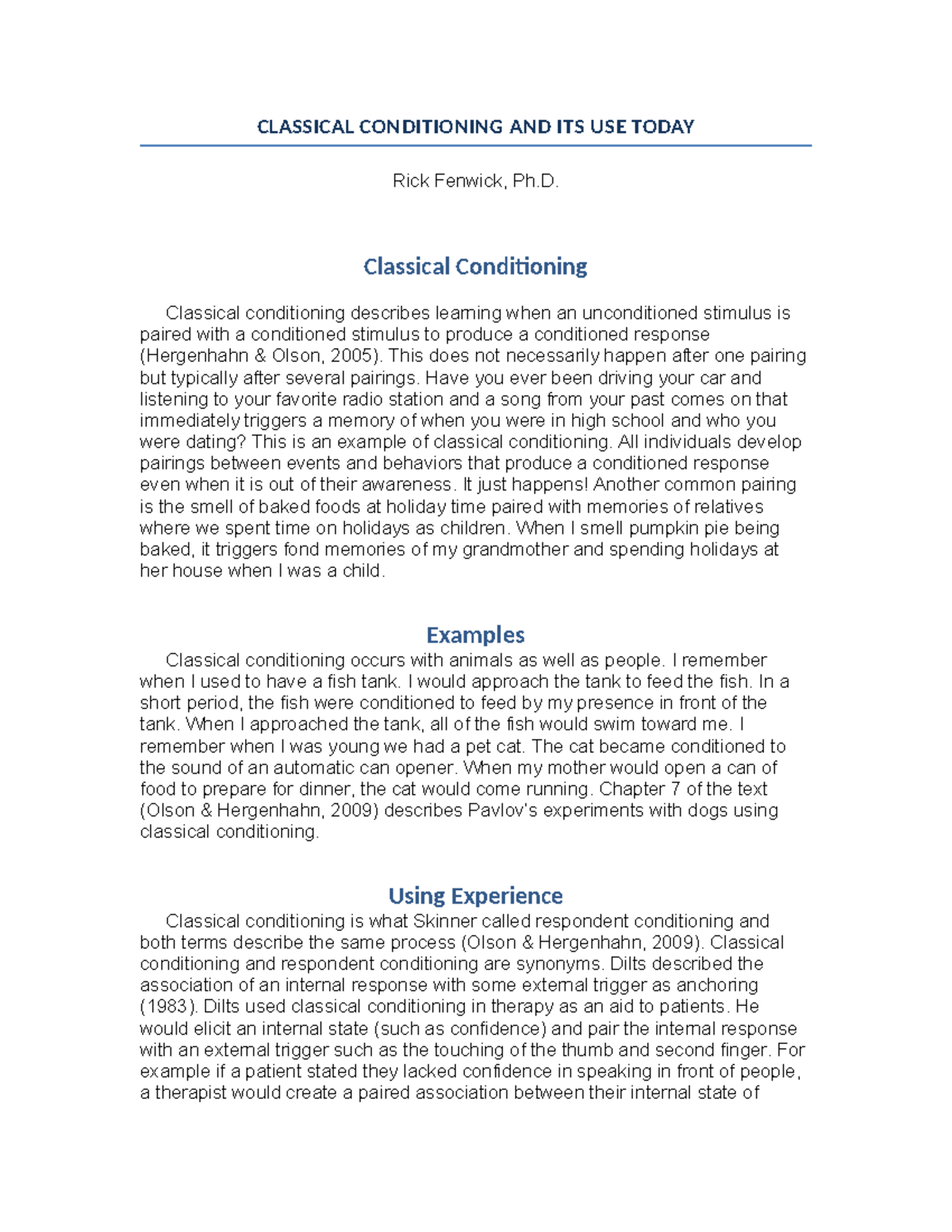 W2 Lecture Classical Cond2 - CLASSICAL CONDITIONING AND ITS USE TODAY ...